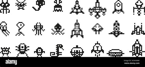 Pixel Space Invaders Arcade Game 8 Bit Characters And Spaceships
