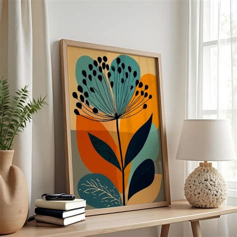 Mid Century Botanical Print Abstract Flower Earth Tones Digital