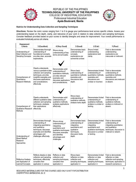 Rubrics For Data Collection And Sampling Techniques 1 Pdf