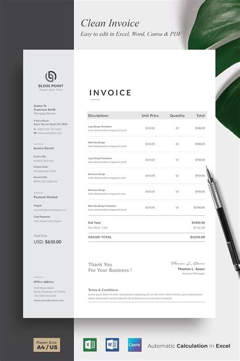 Invoice Template Invoice Design Ms Excel Auto Calculation Etsy