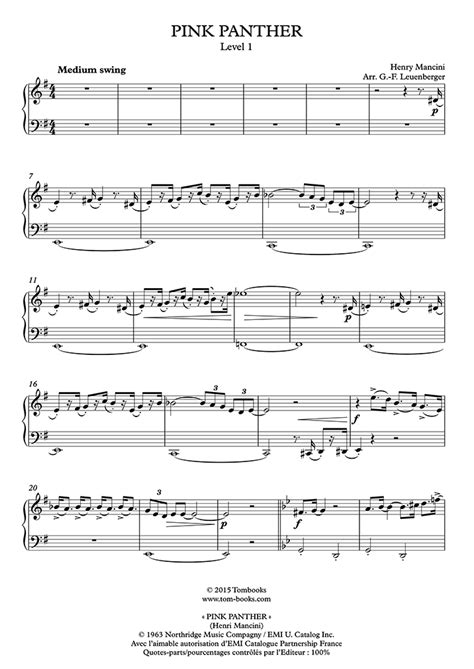 The Pink Panther Easy Intermediate Level Mancini Piano Sheet Music