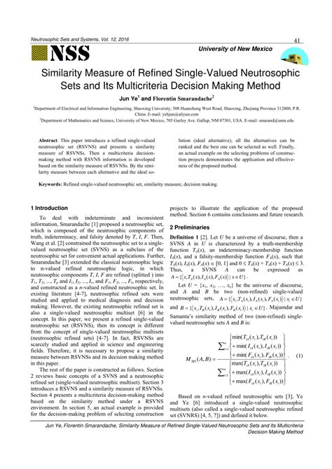 Pdf Similarity Measure Of Refined Single Valued Neutrosophic Sets And