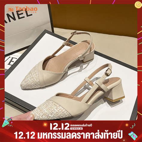 รองเท้าคัชชูส้นหนาปิดหัวสไตล์ชาเนลสำหรับผู้หญิงรองเท้าส้นกลางหัวแหลมสายรัดเส้นเดียวสไตล์ฝรั่งเศส