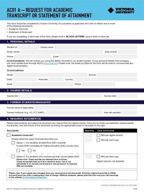 Fillable Online Request For Academic Transcript Or Statement Of Form