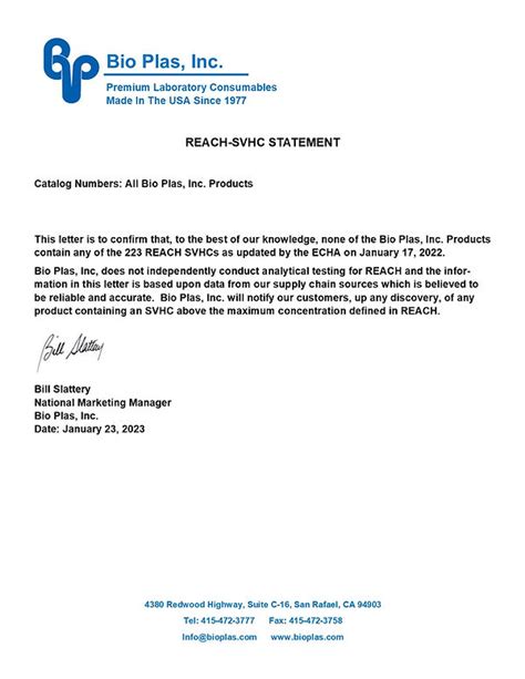 Reach Svhc Statement Bioplas