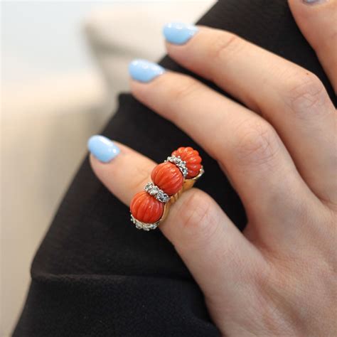 Francesco Passaretta 1970 Fluted Sardinian Coral Ring In 18kt Gold With