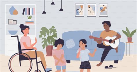 행복한 사람들은 집에서 함께 즐거운 시간을 보냅니다 소파에서 기타를 연주하는 젊은 아버지 아이들은 게임을 하고 어머니는 휘게 스칸디나비아 인테리어 플랫 벡터