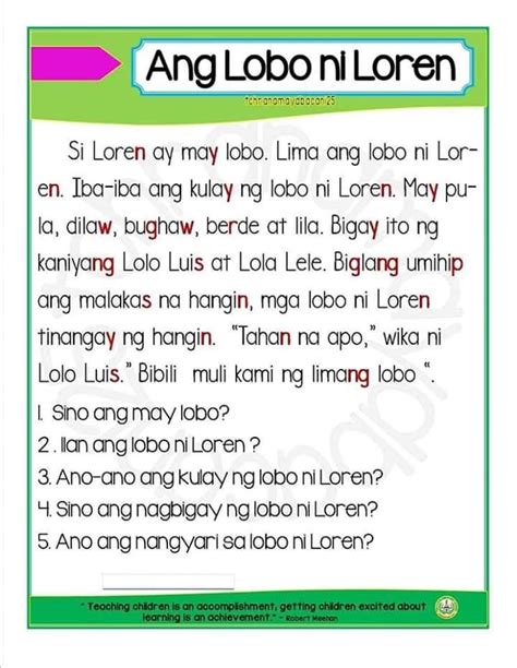 Tagalog Reading Comprehension Grade 1 Teaching Tagalog Stories