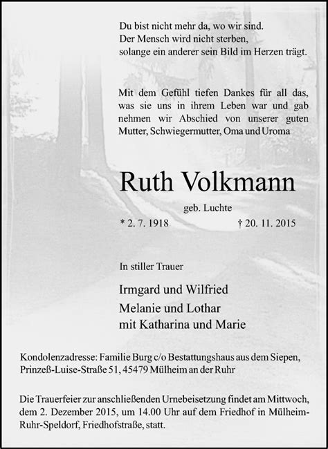 Traueranzeigen Von Ruth Volkmann Trauer In Nrwde