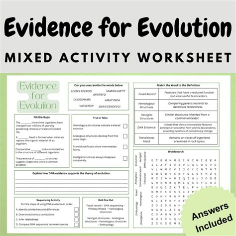 Evidence For Evolution Mixed Activity Worksheet Fossil Record