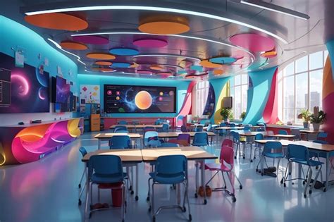 Premium Ai Image A Classroom Of The Future With A Vibrant Colorful Atmosphere And A Variety Of