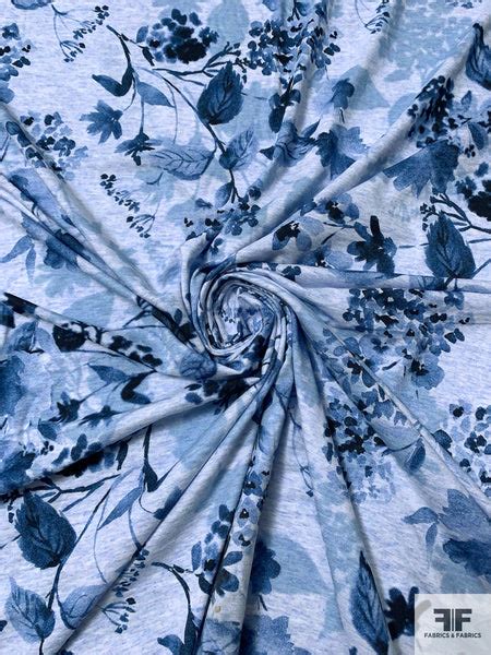Floral Printed Stretch Rayon Jersey Knit Bluesoff White Fabrics