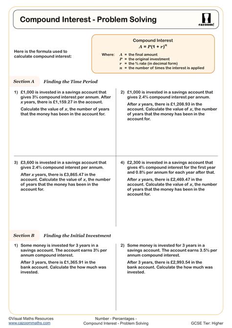 Compound Interest Problem Solving Worksheet Printable Pdf Year 10