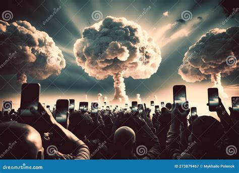 Crowd Of People Photographing Mushroom Cloud Neural Network Ai Generated Stock Illustration
