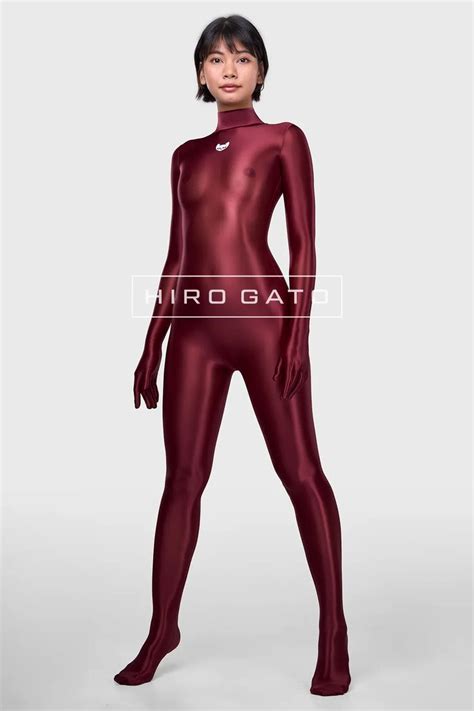 Sheer Nylon Catsuit Maroon Shiny Spandex Hiro Gato Catsuit Outfit