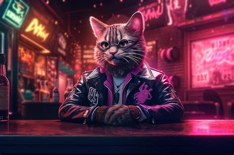 Premium Ai Image Pink Cat Gangster In Neon Bar Illustration Generative Ai