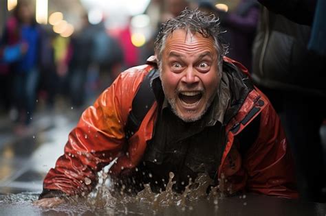 Premium Ai Image Embarrassed Expression When Falling On Busy Sidewalk