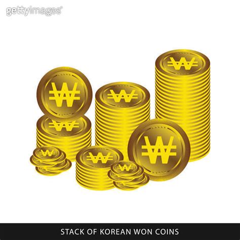 Gold Coins Realistic South Korean Won Coin Standing On Stacked Coins