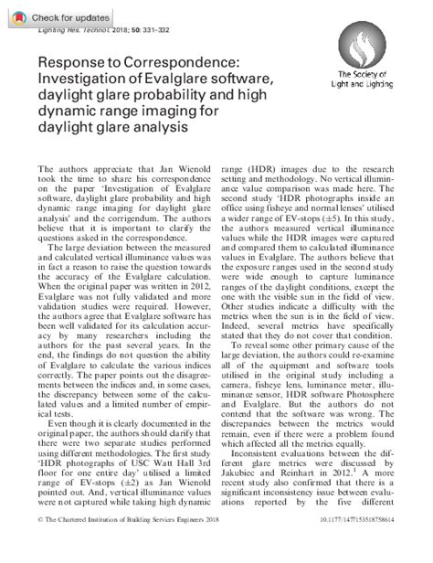 Pdf Response To Correspondence Investigation Of Evalglare Software Daylight Glare