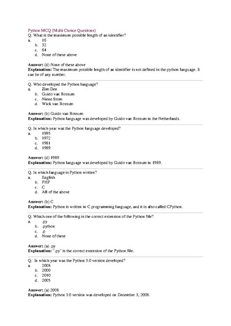 Python And Ml Mcqs For Exam Preparation And Understanding Concepts Studocu