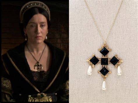 Catherine Of Aragon White Pearl Teardrop Black Gold Cross Necklace Etsy