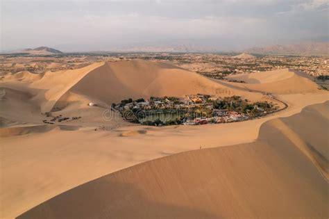 Aerial Sunset Photo Of Desert Oasis Huacachina Ica Peru South