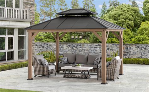 Sunjoy 10 X 12 Ft Wood Gazebo Outdoor Patio Steel Hardtop Gazebo Cedar Framed