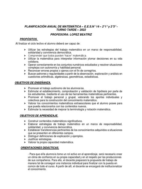 Planificación Anual De Matemática 2° Año Pdf Matemáticas Ecuaciones