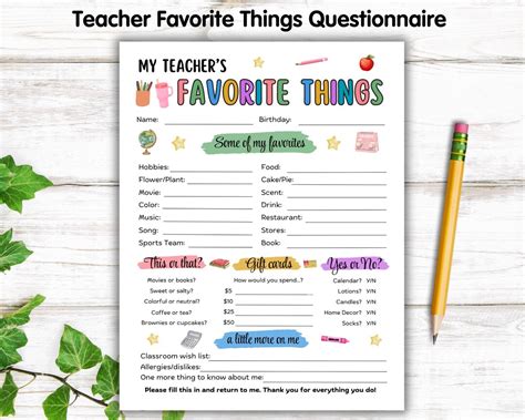 Teacher Favorites Questionnaire Printable All About My Teacher Survey