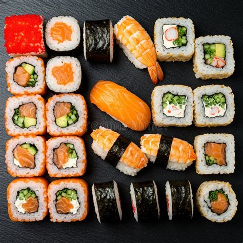Assorted Sushi Selection Arranged On A Dark Slate Surface Varieties