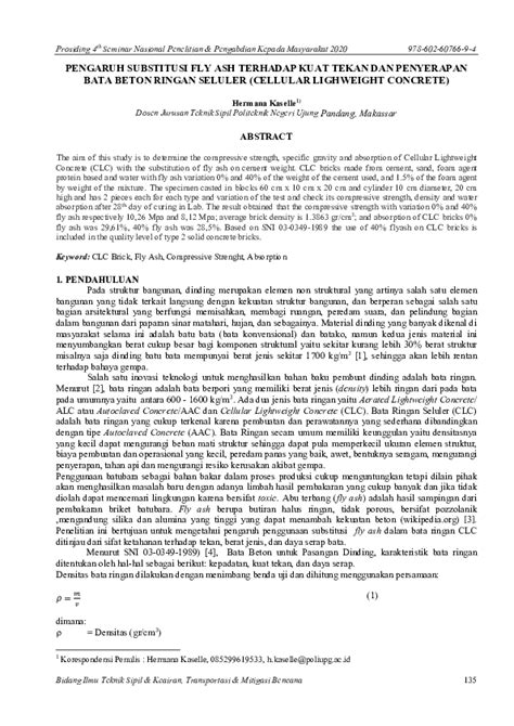 Pdf Pengaruh Substitusi Fly Ash Terhadap Kuat Tekan Dan Penyerapan Bata Beton Ringan Seluler
