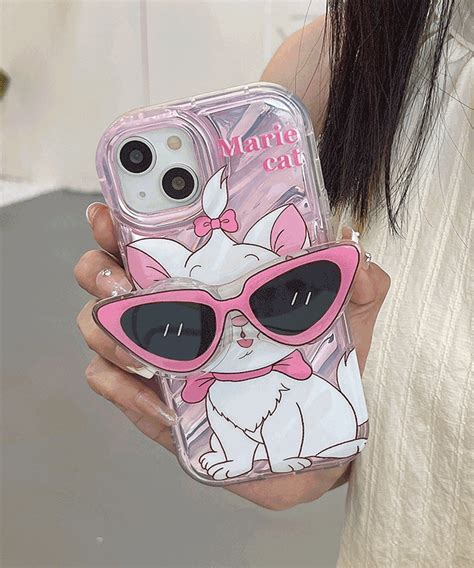 마리 고양이 핑크 캣 디즈니 귀여운 리본 선글라스 스마트톡 홀로그램 블루레이 실리콘 범퍼 아이폰15 아이폰 케이스 에이블리