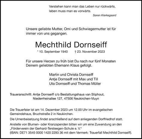 Traueranzeigen Von Mechthild Dornseiff Trauer In Nrw De