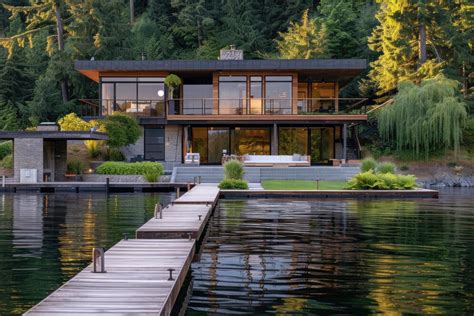 Private Dock And Modern House Overlooking A Lake Premium Ai Generated