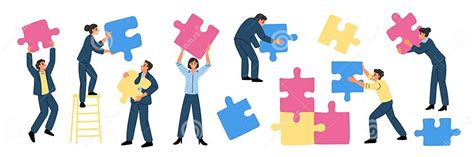 People Putting Together Puzzle Teamwork Process Tiny Characters With