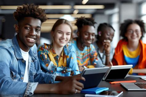 Group Of Young Students Collaborating On Tablets Stock Image Image Of