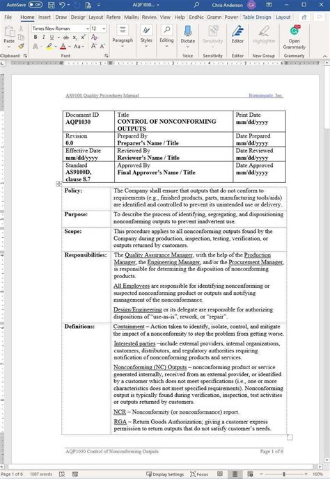 As9100 D Control Of Nonconforming Outputs Procedure Template Word