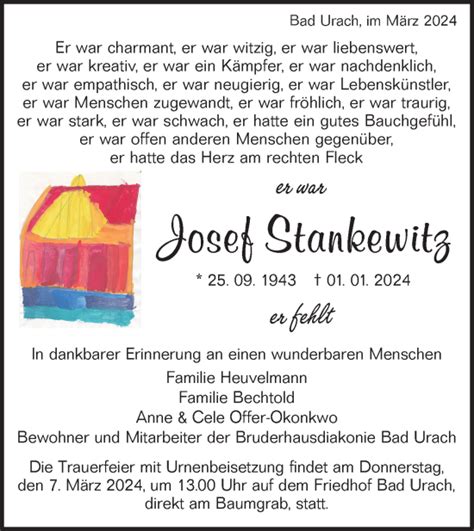 Traueranzeigen Von Josef Stankewitz Südwest Presse Trauer