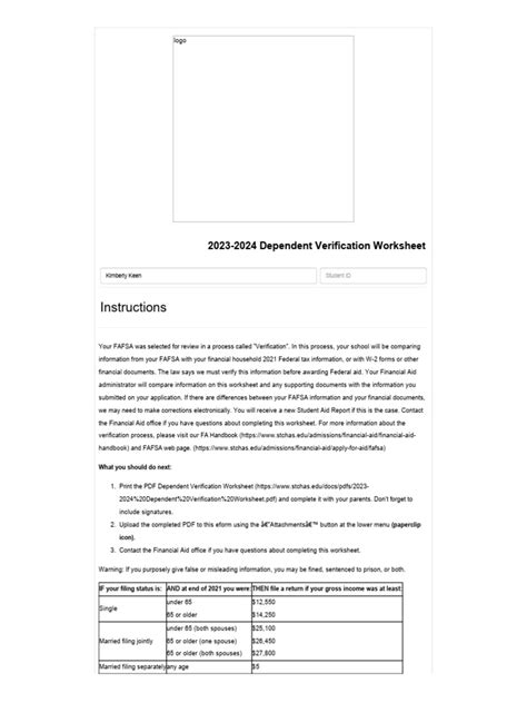 2023 24 Dependent Verification Worksheet Draft Pdf Internal Revenue Service United