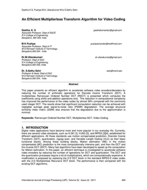 An Efficient Multiplierless Transform Algorithm For Video Coding Pdf