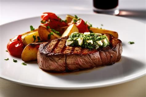 Premium Ai Image Plating Design Of Grilled Beef Steak And Rustic Potato Wedges With Vegetable