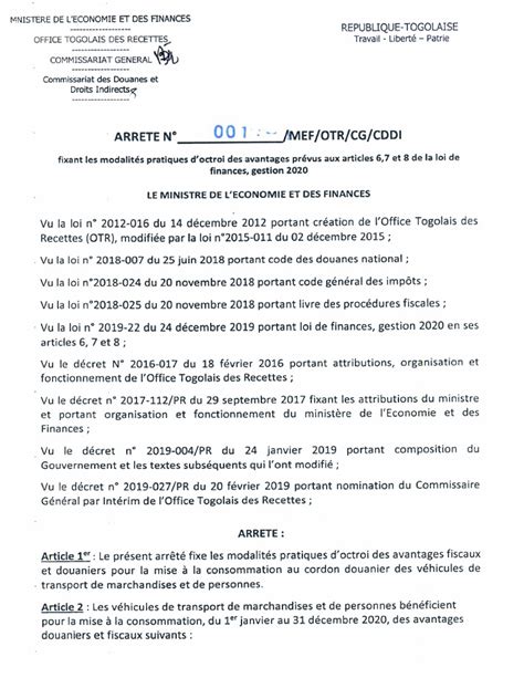 Arrete Ministeriel 001 Mef Otr Cg Cddi Modalites Pratiques D Octroi Des