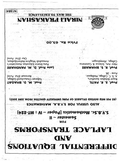 Diff Equation And Laplace Transform Nirali Prakashan Bsc Book Pdf Pdf