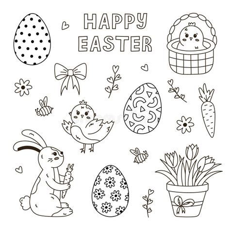 Lovely Outline Easter Set With Bunny With Carrot In Paws Chick Waving