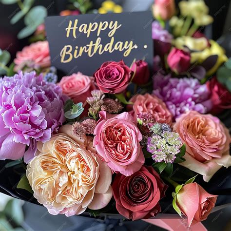 A Bouquet Of Flowers With A Sign Saying Happy Birthday Premium Ai Generated Image