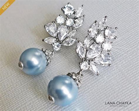 Blush Blue Pearl Wedding Earrings Light Blue Pearl Cz Bridal Earrings