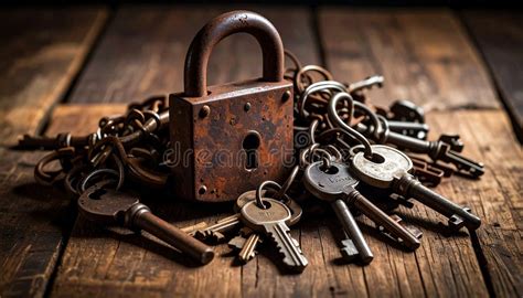 Close Up Of An Old Rusty Padlock With Keys On A Old Wooden Table Generative Ai Stock