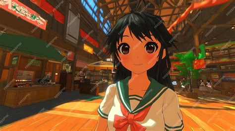 Anime Schoolgirl In Traditional Japanese Market Premium Ai Generated