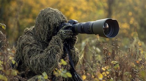 A Person In Ghillie Suit With His Camera Of Large Lense Trying To