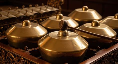 Traditional Indonesian Gamelan Instrument With Golden Bonang Gongs And